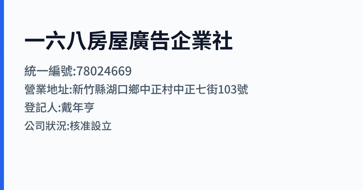 一六八房屋廣告企業社 - 統編 78024669(新竹縣) 公司登記資料與營業項目詳細圖表