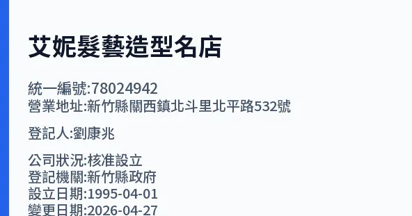 艾妮髮藝造型名店的照片-統編 78024942(新竹縣) 公司登記資料與營業項目詳細圖表