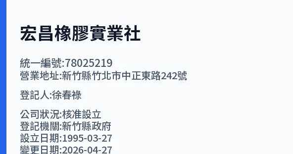 宏昌橡膠實業社的照片-統編 78025219(新竹縣) 公司登記資料與營業項目詳細圖表