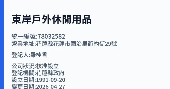 東岸戶外休閒用品的照片-統編 78032582(花蓮縣) 公司登記資料與營業項目詳細圖表