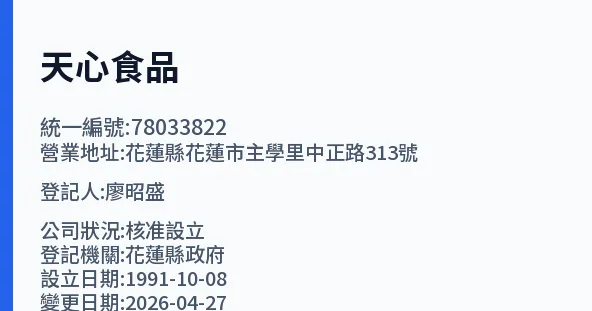 天心食品的照片-統編 78033822(花蓮縣) 公司登記資料與營業項目詳細圖表