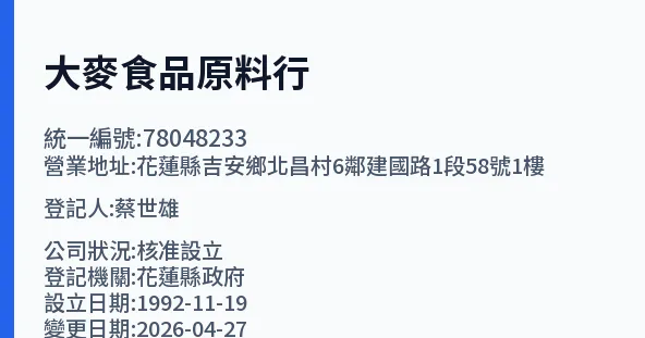 大麥食品原料行的照片-統編 78048233(花蓮縣) 公司登記資料與營業項目詳細圖表