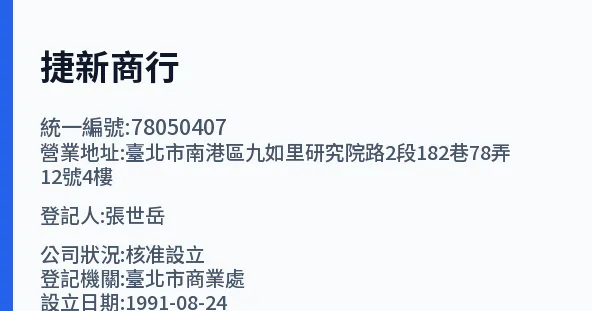 捷新商行的照片-統編 78050407(臺北市) 公司登記資料與營業項目詳細圖表