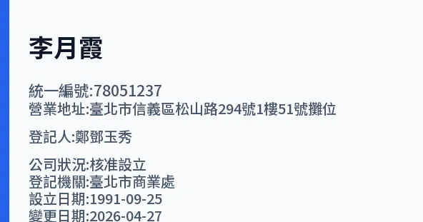 李月霞的照片-統編 78051237(臺北市) 公司登記資料與營業項目詳細圖表