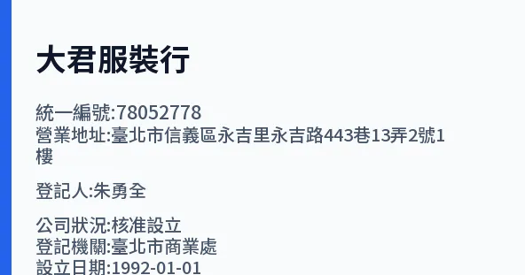 大君服裝行的照片-統編 78052778(臺北市) 公司登記資料與營業項目詳細圖表