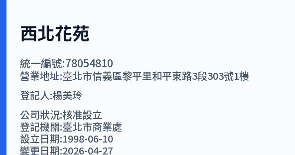 西北花苑的照片-統編 78054810(臺北市) 公司登記資料與營業項目詳細圖表