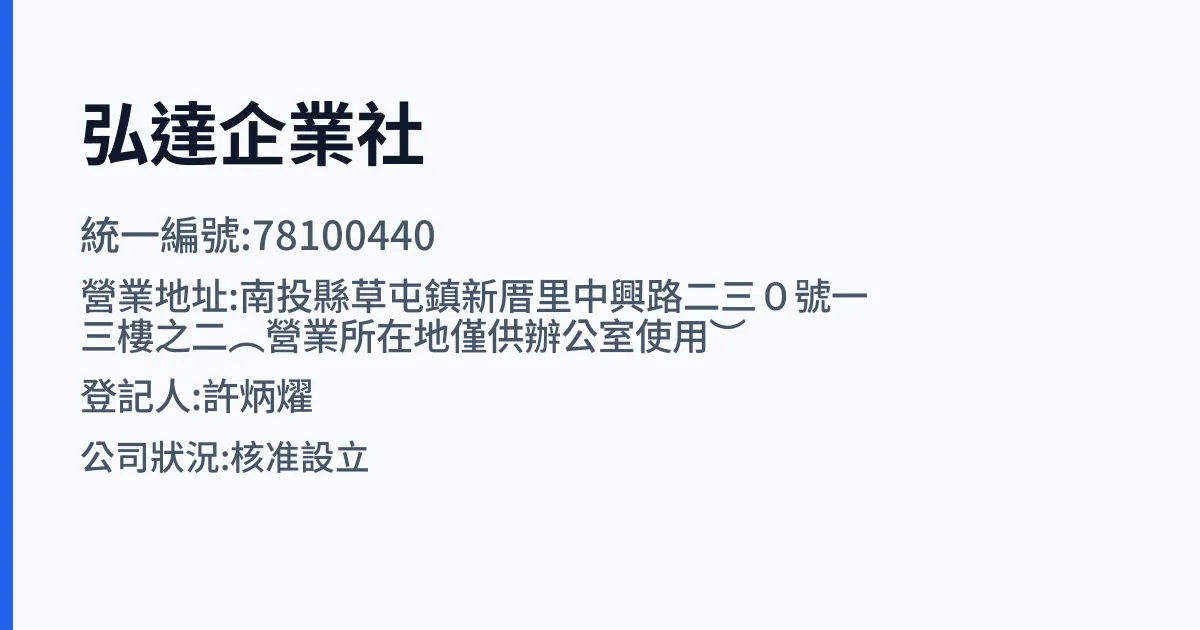 弘達企業社 - 統編 78100440(南投縣) 公司登記資料與營業項目詳細圖表