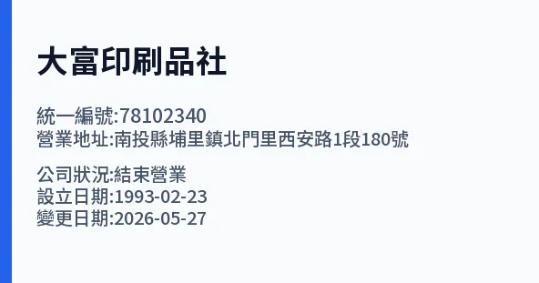 大富印刷品社的照片-統編 78102340(南投縣) 公司登記資料與營業項目詳細圖表