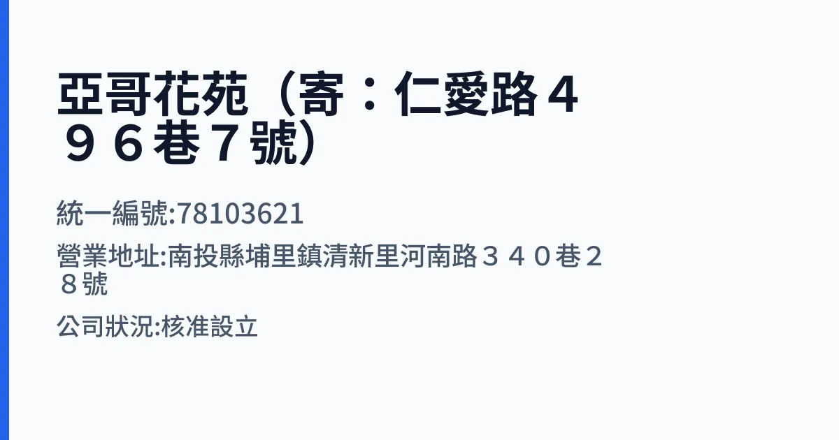 亞哥花苑（寄：仁愛路４９６巷７號） - 統編 78103621(南投縣) 公司登記資料與營業項目詳細圖表