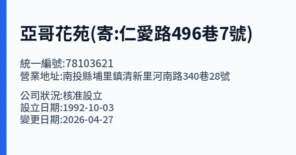 亞哥花苑(寄:仁愛路496巷7號)的照片-統編 78103621(南投縣) 公司登記資料與營業項目詳細圖表