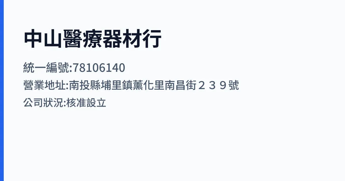 中山醫療器材行 - 統編 78106140(南投縣) 公司登記資料與營業項目詳細圖表