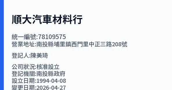 順大汽車材料行的照片-統編 78109575(南投縣) 公司登記資料與營業項目詳細圖表