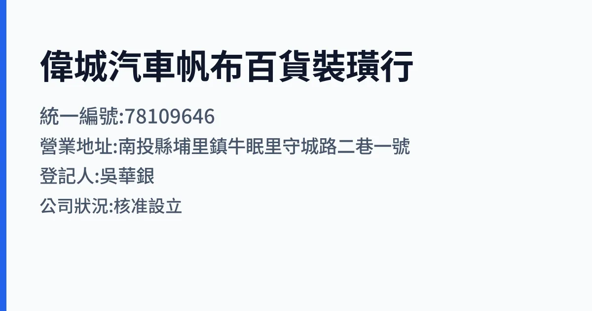 偉城汽車帆布百貨裝璜行 - 統編 78109646(南投縣) 公司登記資料與營業項目詳細圖表