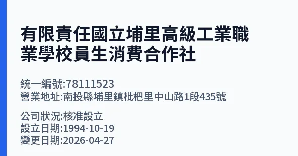 有限責任國立埔里高級工業職業學校員生消費合作社的照片-統編 78111523(南投縣) 公司登記資料與營業項目詳細圖表