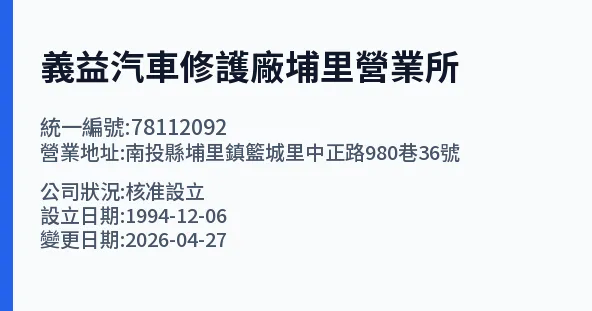 義益汽車修護廠埔里營業所的照片-統編 78112092(南投縣) 公司登記資料與營業項目詳細圖表