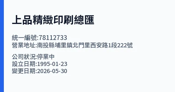 上品精緻印刷總匯的照片-統編 78112733(南投縣) 公司登記資料與營業項目詳細圖表