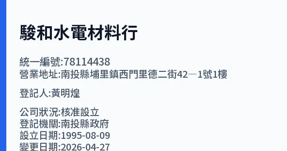 駿和水電材料行的照片-統編 78114438(南投縣) 公司登記資料與營業項目詳細圖表