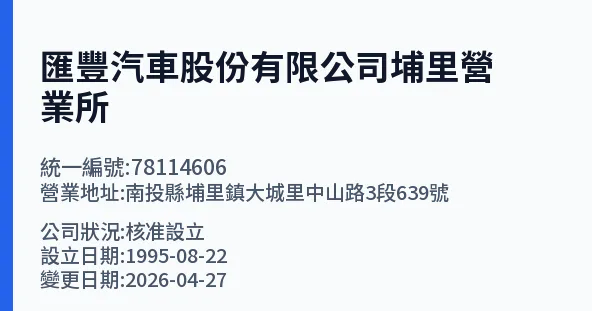匯豐汽車股份有限公司埔里營業所的照片-統編 78114606(南投縣) 公司登記資料與營業項目詳細圖表