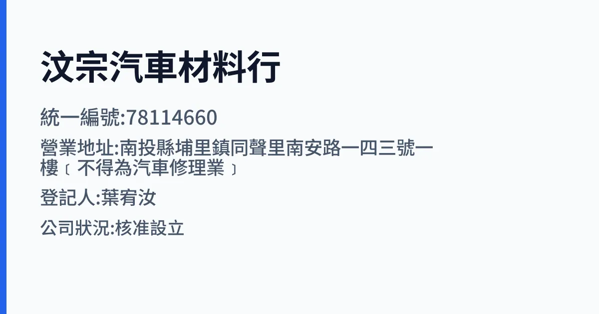 汶宗汽車材料行 - 統編 78114660(南投縣) 公司登記資料與營業項目詳細圖表
