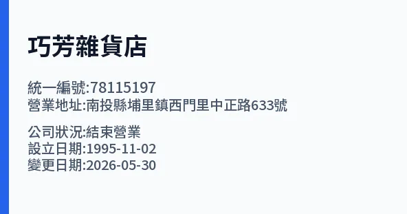 巧芳雜貨店的照片-統編 78115197(南投縣) 公司登記資料與營業項目詳細圖表