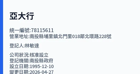亞大行的照片-統編 78115611(南投縣) 公司登記資料與營業項目詳細圖表