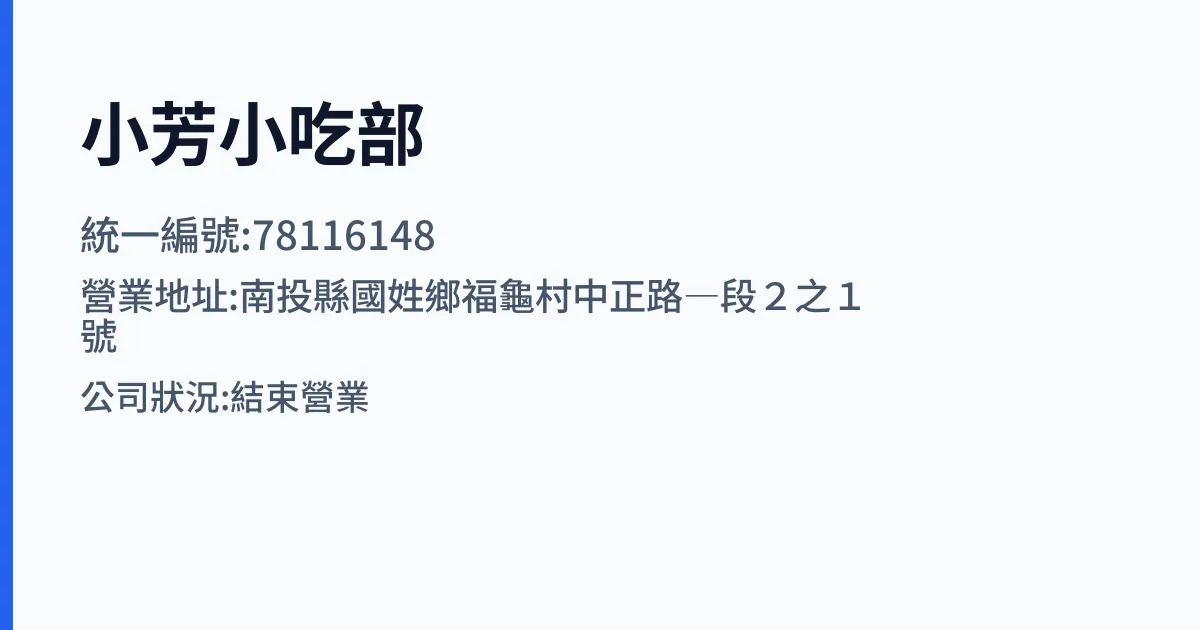 小芳小吃部 - 統編 78116148(南投縣) 公司登記資料與營業項目詳細圖表