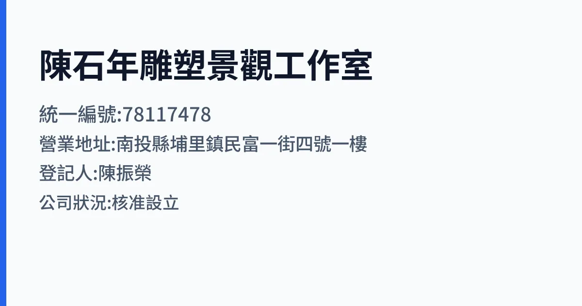 陳石年雕塑景觀工作室 - 統編 78117478(南投縣) 公司登記資料與營業項目詳細圖表