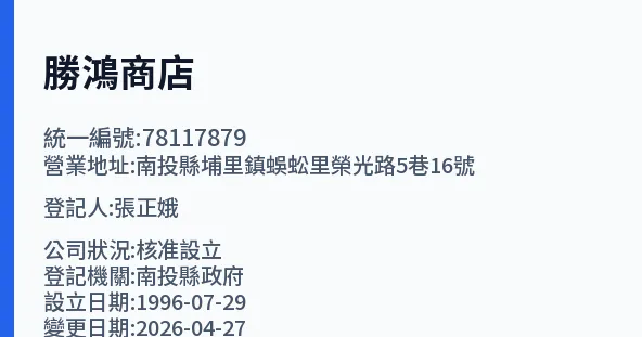 勝鴻商店的照片-統編 78117879(南投縣) 公司登記資料與營業項目詳細圖表