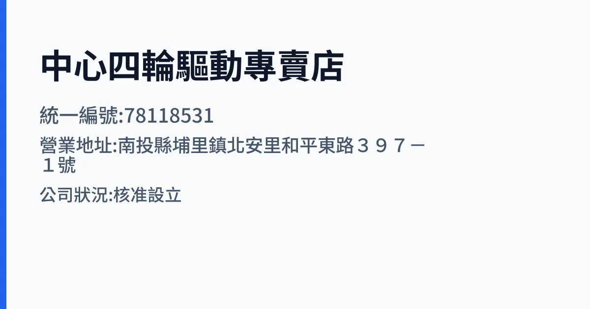 中心四輪驅動專賣店 - 統編 78118531(南投縣) 公司登記資料與營業項目詳細圖表