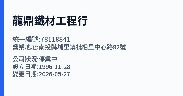 龍鼎鐵材工程行的照片-統編 78118841(南投縣) 公司登記資料與營業項目詳細圖表