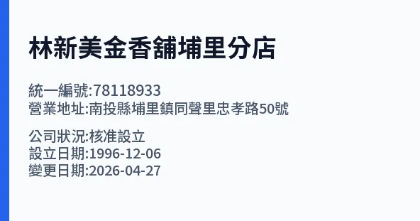林新美金香舖埔里分店的照片-統編 78118933(南投縣) 公司登記資料與營業項目詳細圖表