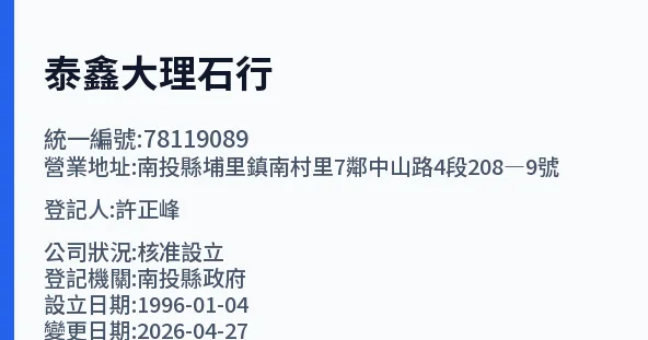 泰鑫大理石行的照片-統編 78119089(南投縣) 公司登記資料與營業項目詳細圖表