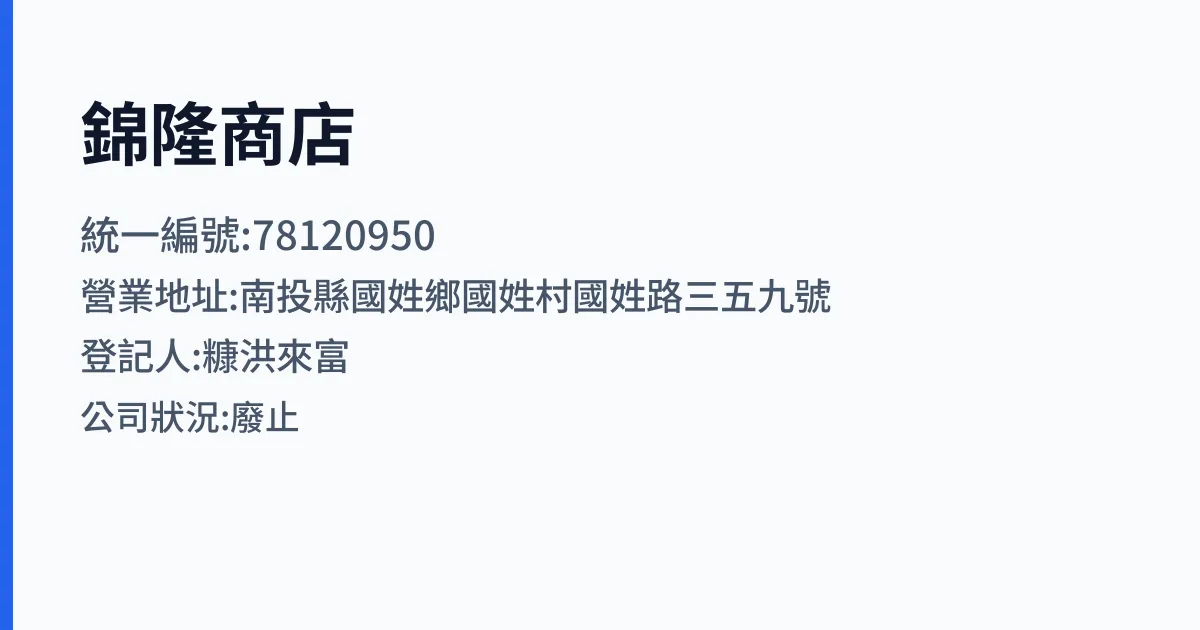 錦隆商店 - 統編 78120950(南投縣) 公司登記資料與營業項目詳細圖表