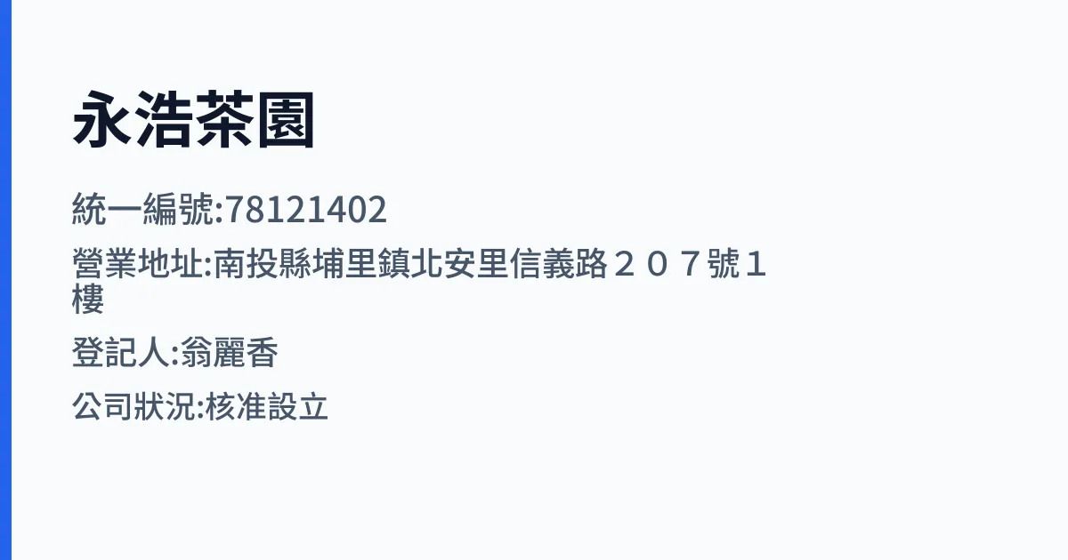 永浩茶園 - 統編 78121402(南投縣) 公司登記資料與營業項目詳細圖表