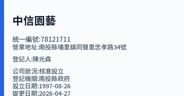 中信園藝的照片-統編 78121711(南投縣) 公司登記資料與營業項目詳細圖表