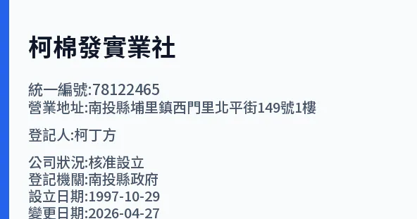 柯棉發實業社的照片-統編 78122465(南投縣) 公司登記資料與營業項目詳細圖表