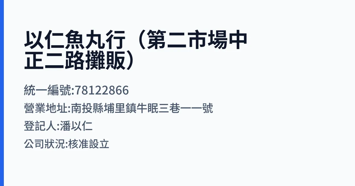 以仁魚丸行（第二市場中正二路攤販） - 統編 78122866(南投縣) 公司登記資料與營業項目詳細圖表