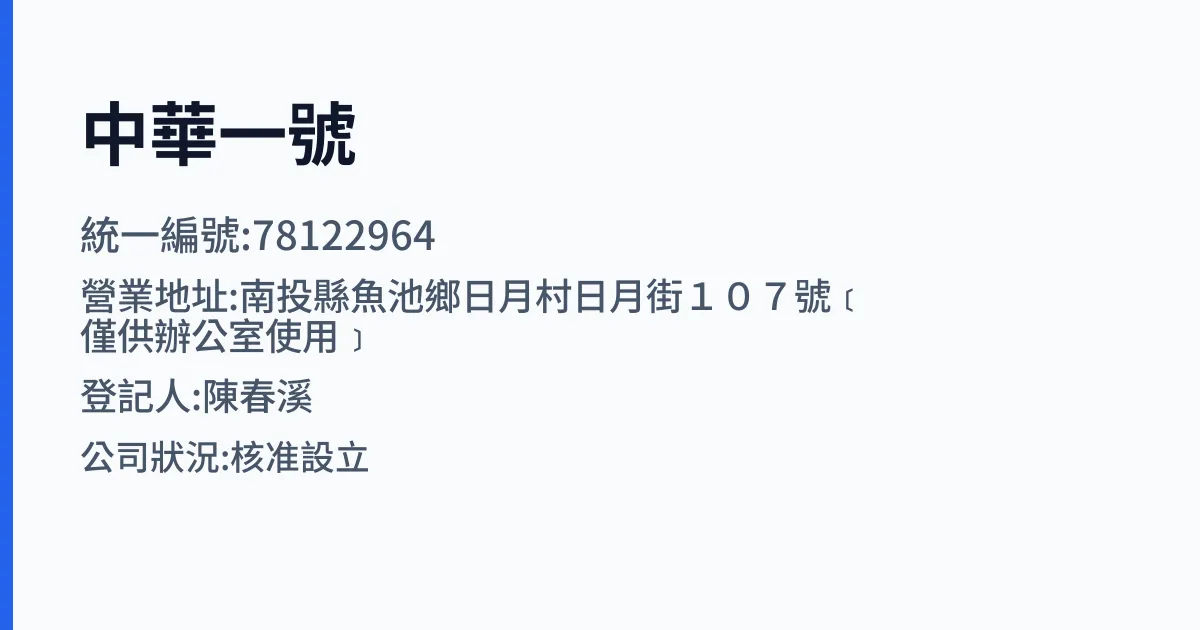 中華一號 - 統編 78122964(南投縣) 公司登記資料與營業項目詳細圖表