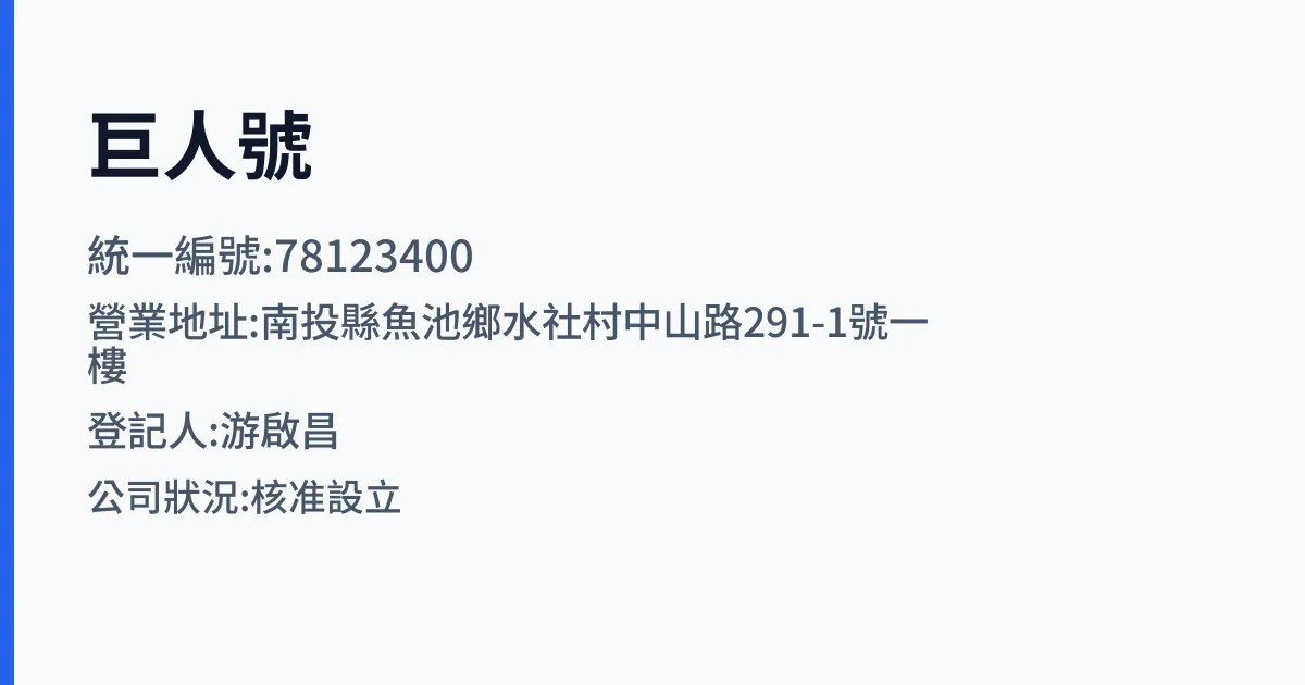 巨人號 - 統編 78123400(南投縣) 公司登記資料與營業項目詳細圖表