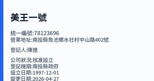 美王一號的照片-統編 78123696(南投縣) 公司登記資料與營業項目詳細圖表