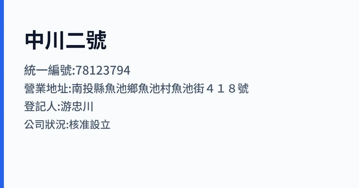 中川二號 - 統編 78123794(南投縣) 公司登記資料與營業項目詳細圖表