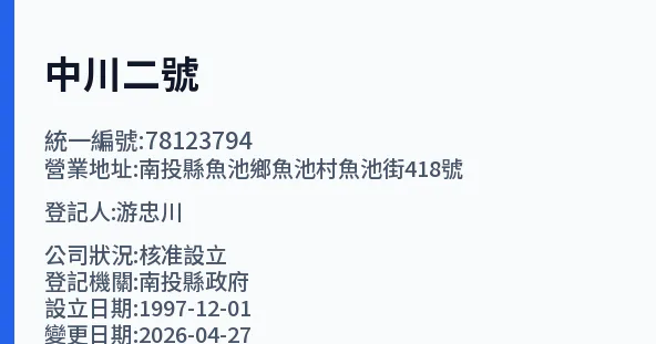 中川二號的照片-統編 78123794(南投縣) 公司登記資料與營業項目詳細圖表