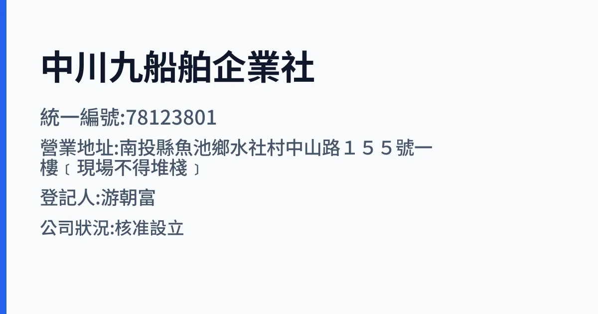 中川九船舶企業社 - 統編 78123801(南投縣) 公司登記資料與營業項目詳細圖表