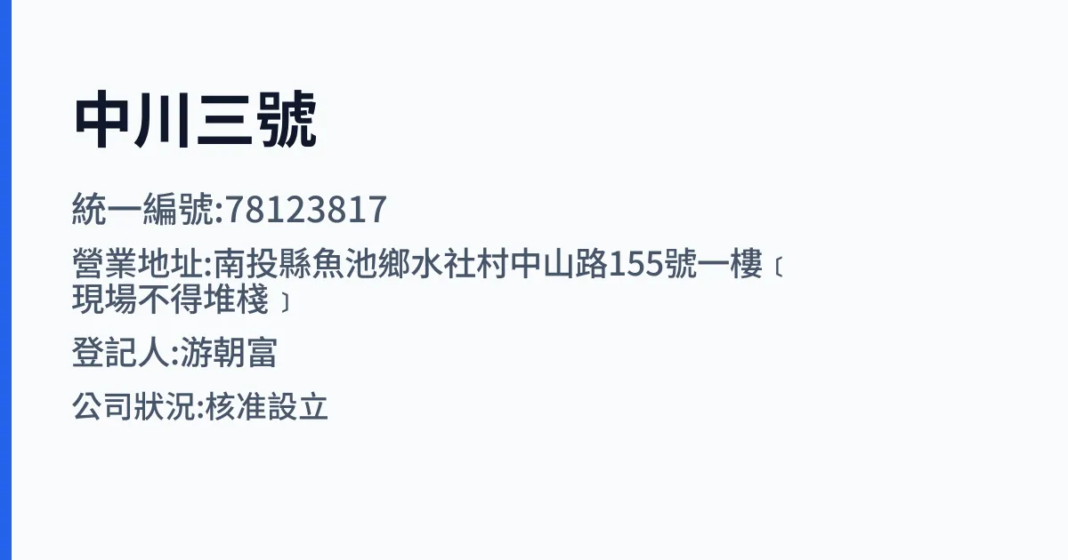 中川三號 - 統編 78123817(南投縣) 公司登記資料與營業項目詳細圖表