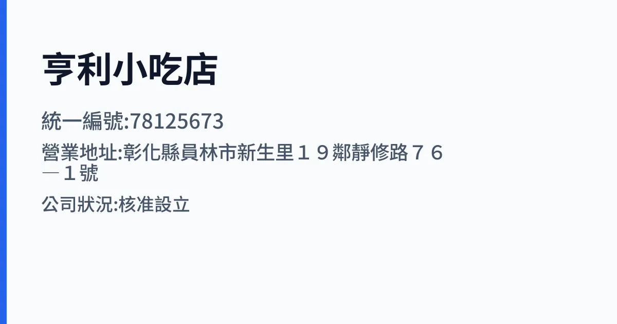 亨利小吃店 - 統編 78125673(彰化縣) 公司登記資料與營業項目詳細圖表