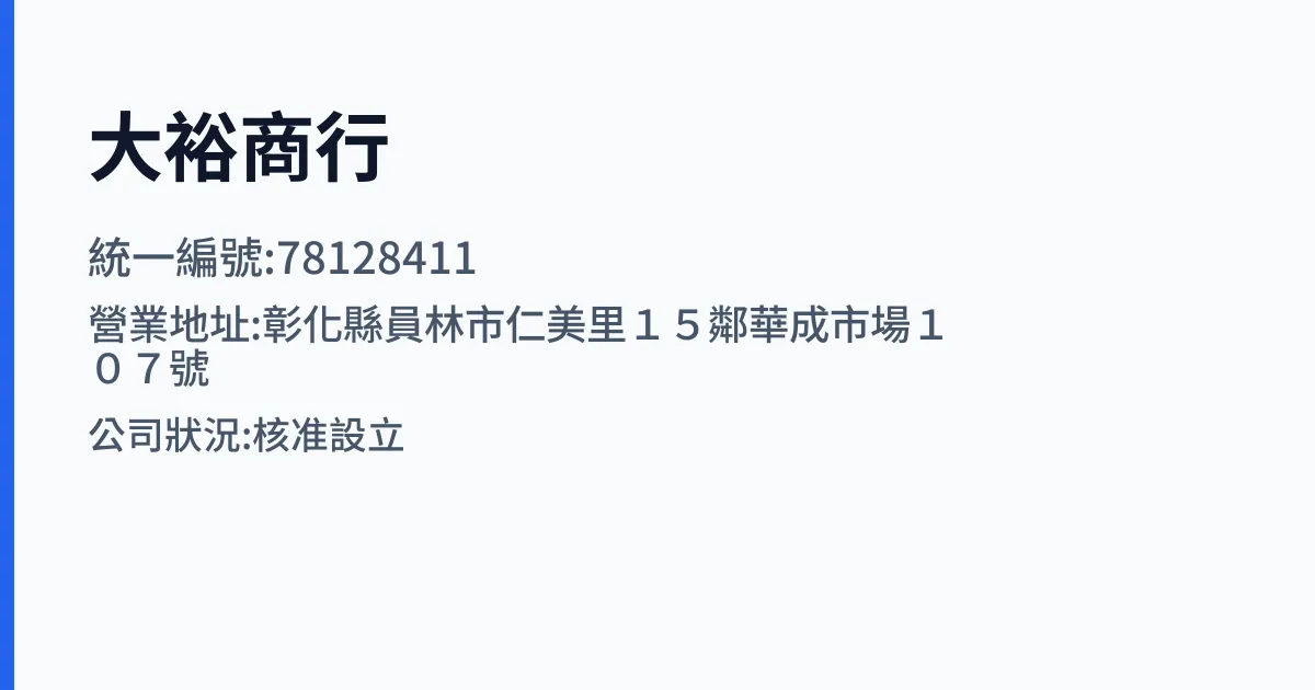 大裕商行 - 統編 78128411(彰化縣) 公司登記資料與營業項目詳細圖表
