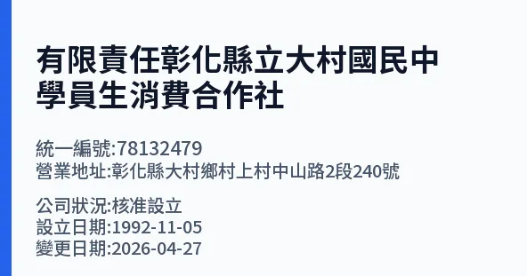 有限責任彰化縣立大村國民中學員生消費合作社的照片-統編 78132479(彰化縣) 公司登記資料與營業項目詳細圖表