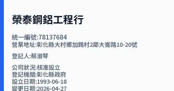 榮泰鋼鋁工程行的照片-統編 78137684(彰化縣) 公司登記資料與營業項目詳細圖表