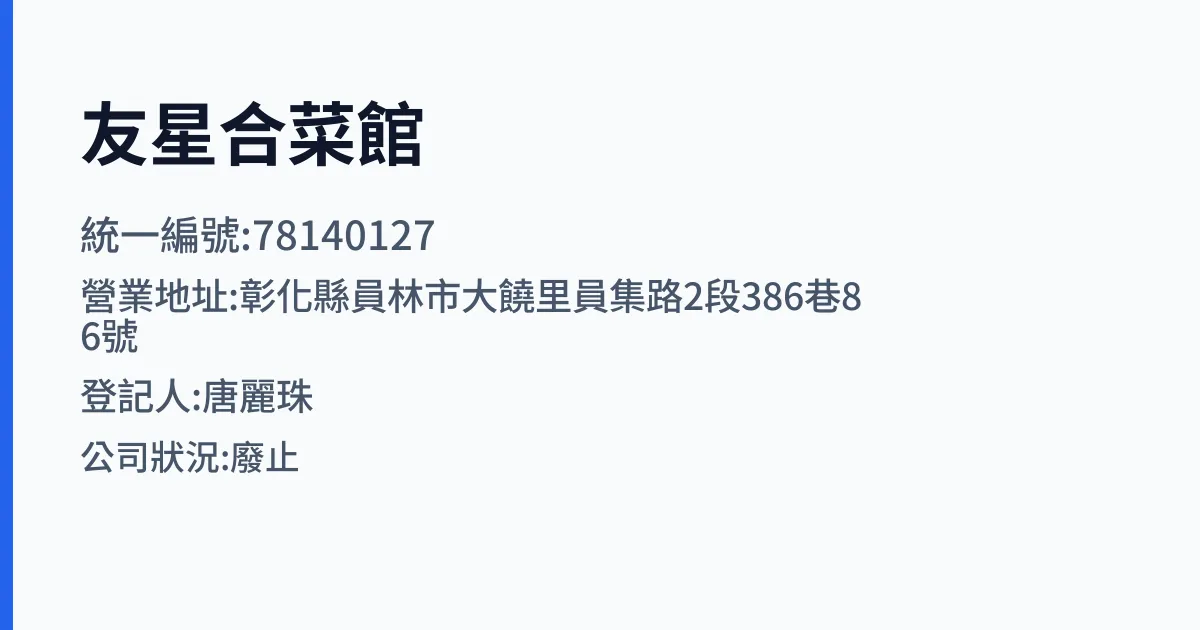 友星合菜館 - 統編 78140127(彰化縣) 公司登記資料與營業項目詳細圖表