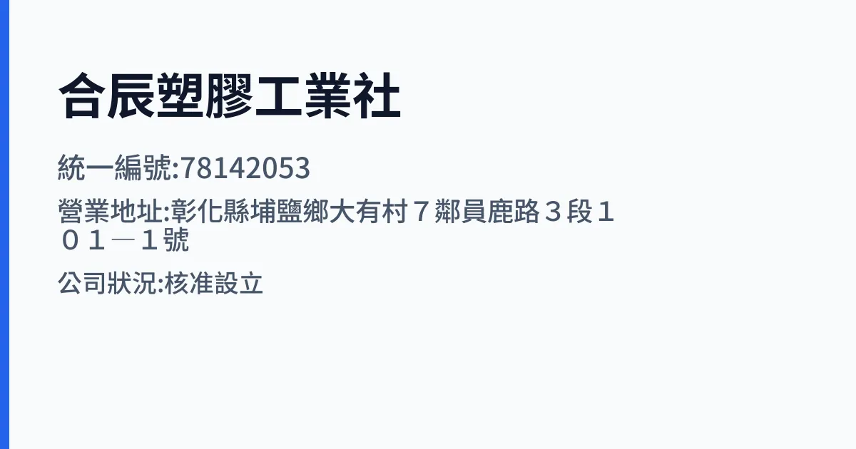合辰塑膠工業社 - 統編 78142053(彰化縣) 公司登記資料與營業項目詳細圖表